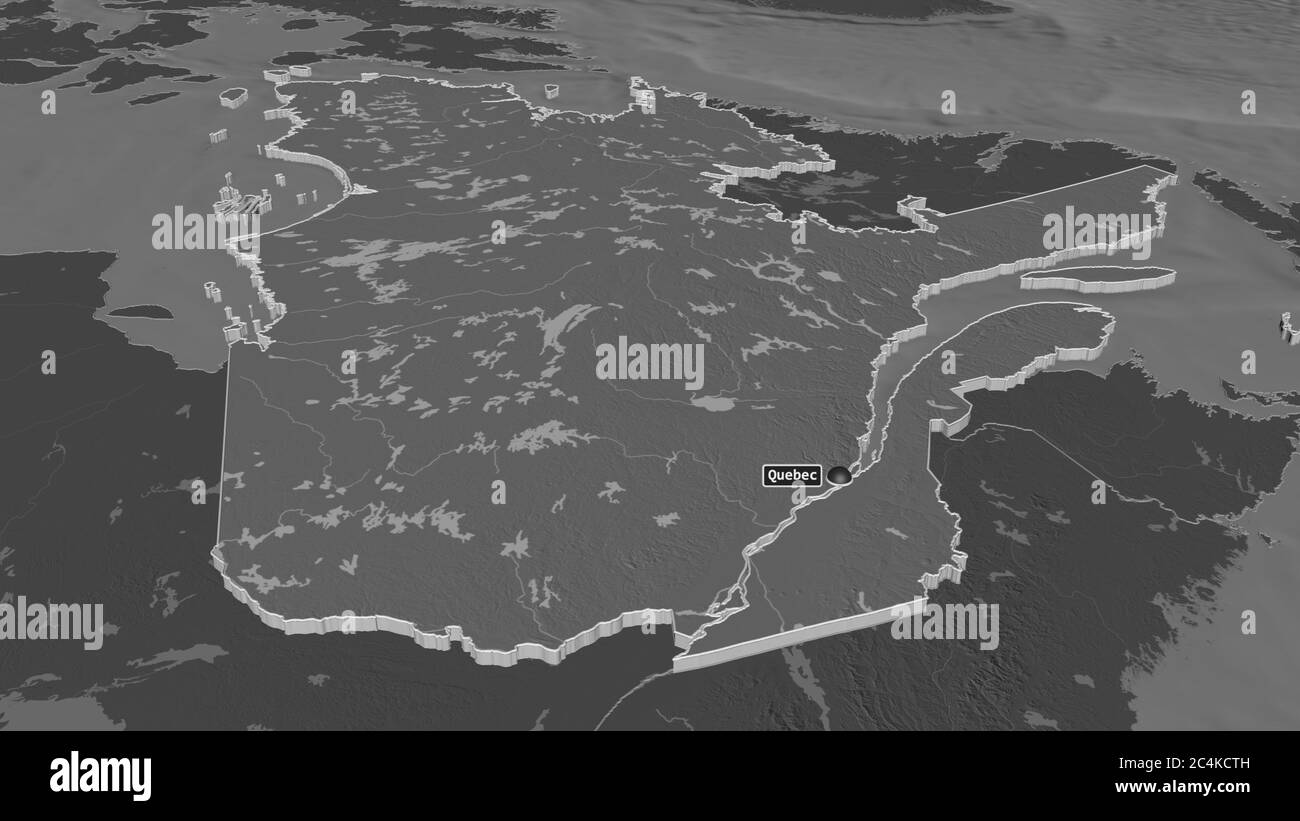 Zoom in on Québec (province of Canada) extruded. Oblique perspective ...
