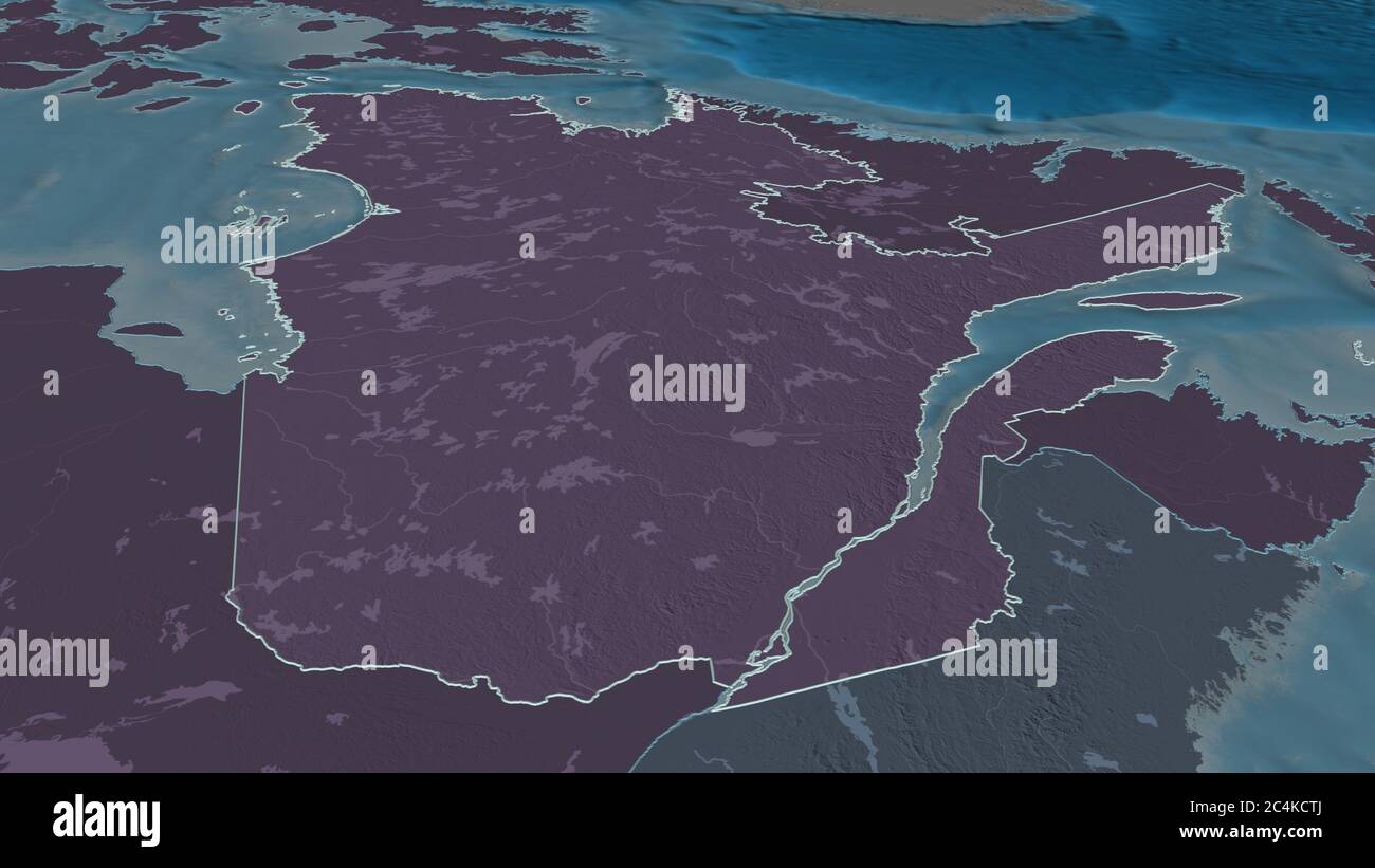 Zoom in on Québec (province of Canada) outlined. Oblique perspective ...