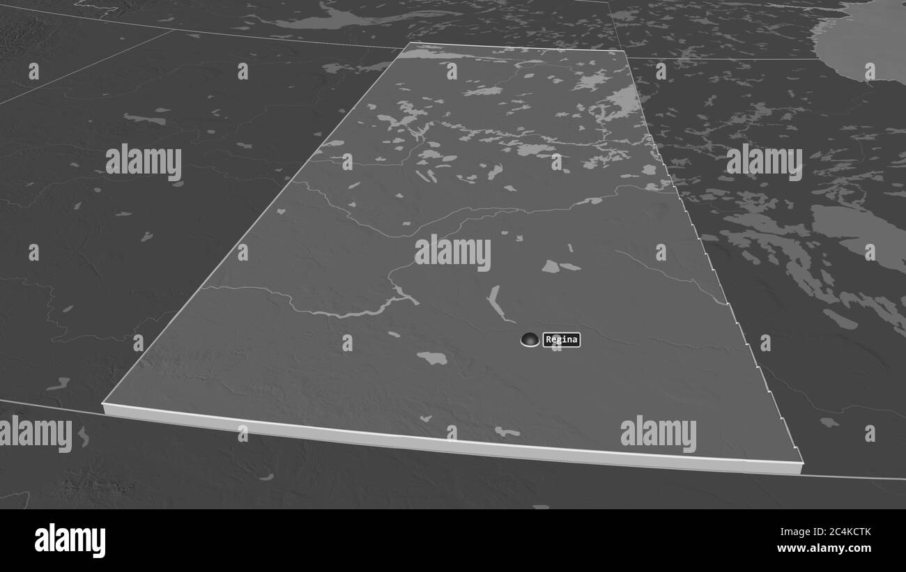 Zoom in on Saskatchewan (province of Canada) extruded. Oblique perspective. Bilevel elevation ...