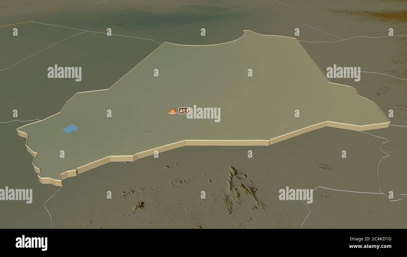 Zoom in on Batha (region of Chad) extruded. Oblique perspective ...