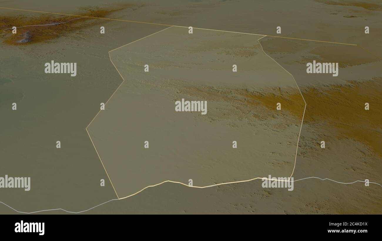 Zoom in on Ennedi Ouest (region of Chad) outlined. Oblique perspective ...