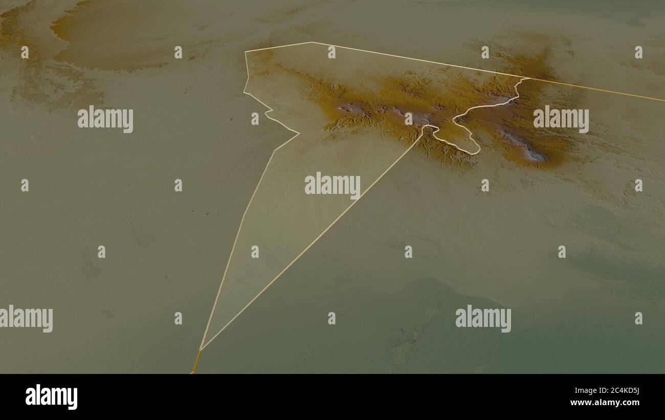 Zoom in on Tibesti (region of Chad) outlined. Oblique perspective ...