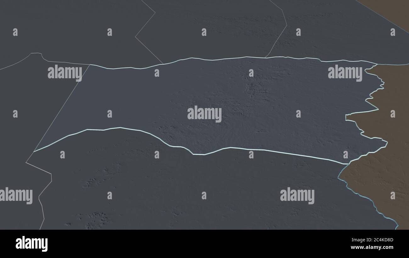 Zoom in on Wadi Fira (region of Chad) outlined. Oblique perspective ...