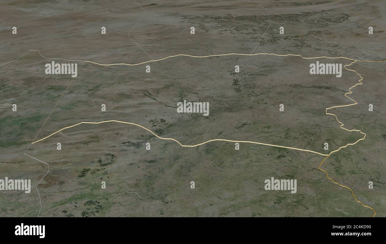Zoom in on Wadi Fira (region of Chad) outlined. Oblique perspective ...