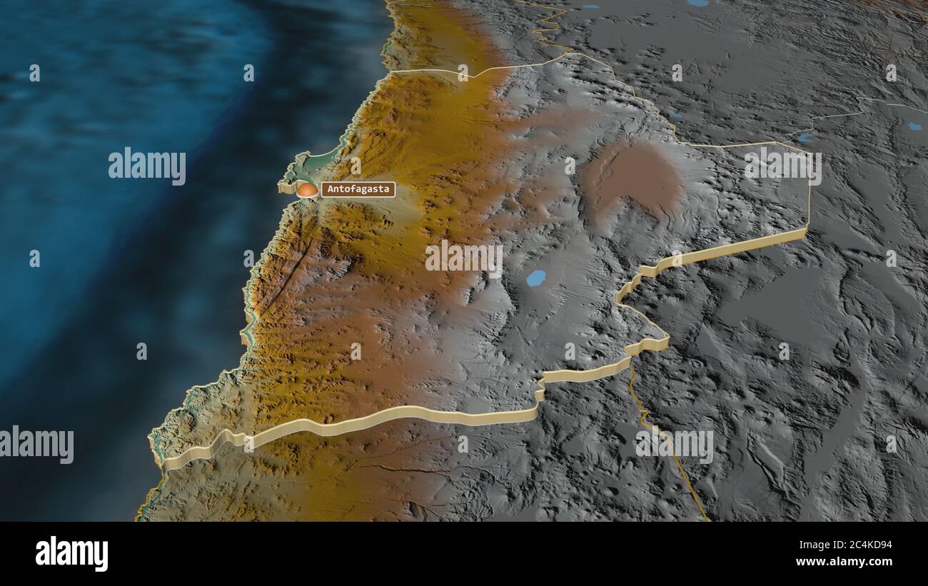 Zoom in on Antofagasta (region of Chile) extruded. Oblique perspective ...