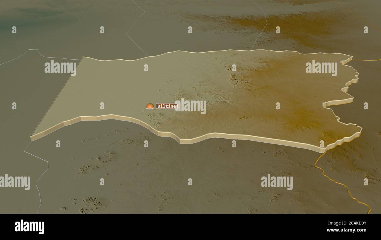 Zoom in on Wadi Fira (region of Chad) extruded. Oblique perspective ...