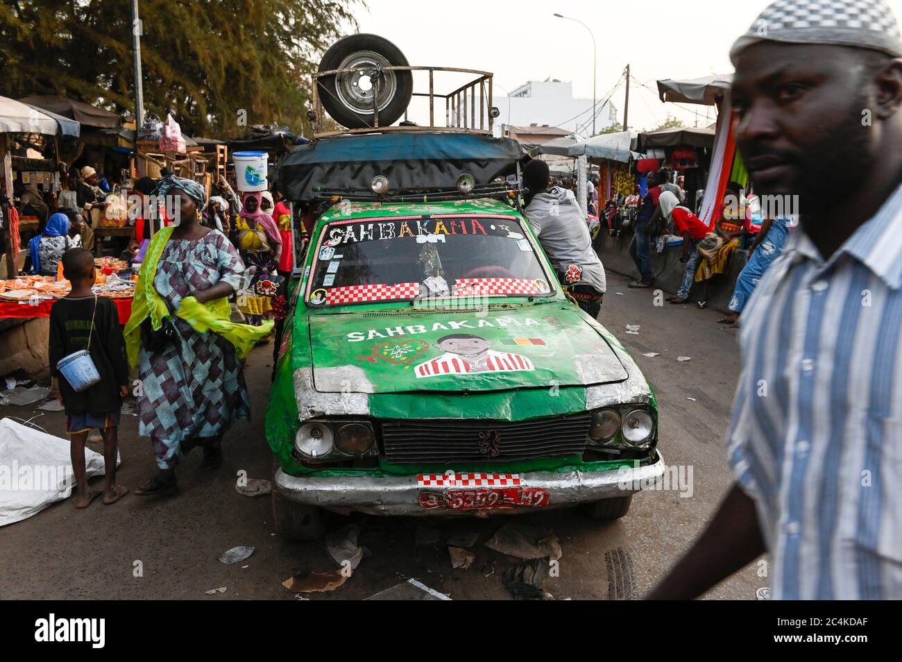 MALI, Bamako, market near Grand Mosque, Taxi Bamako, old Peugeot car ...