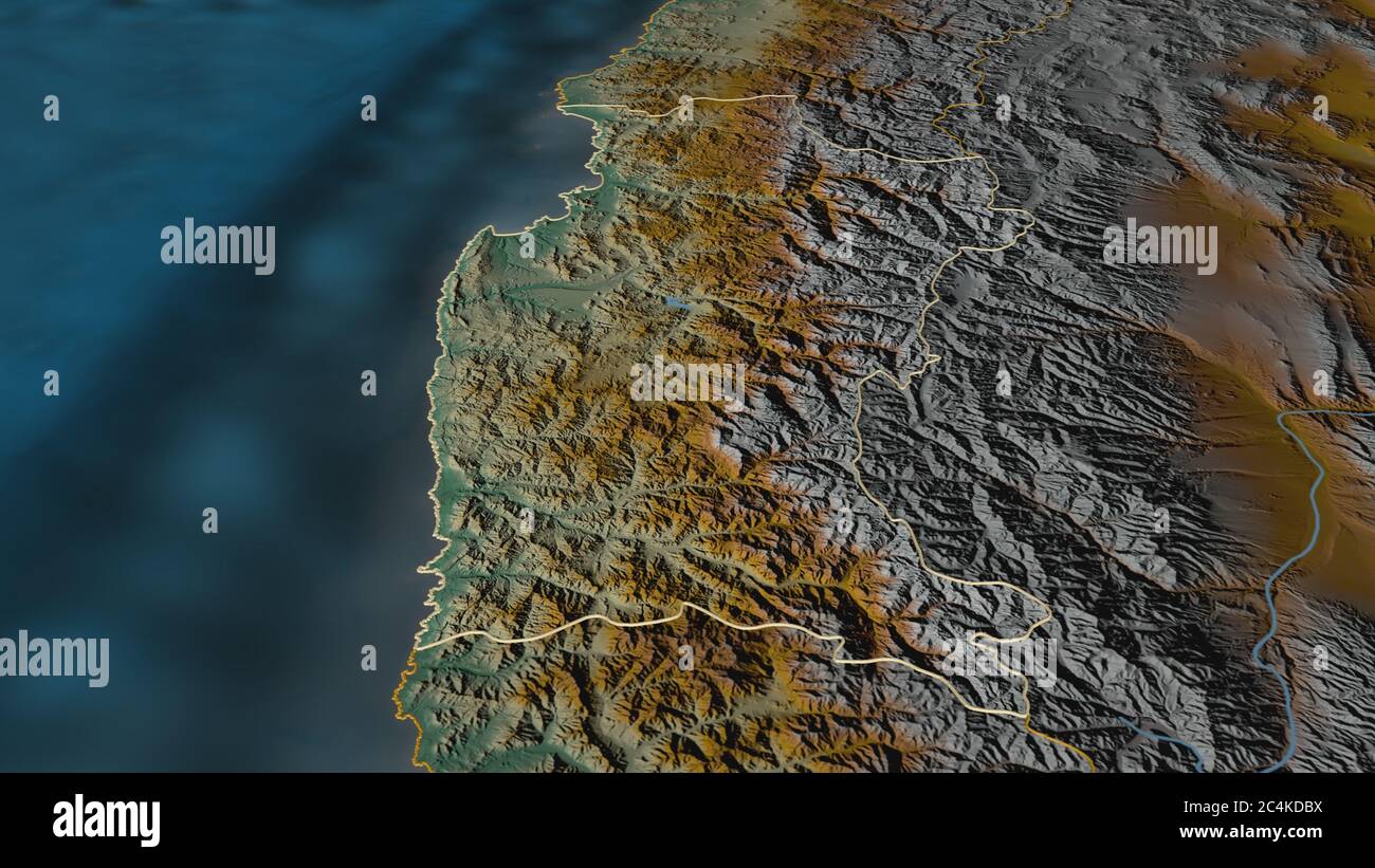 Zoom in on Coquimbo (region of Chile) outlined. Oblique perspective ...