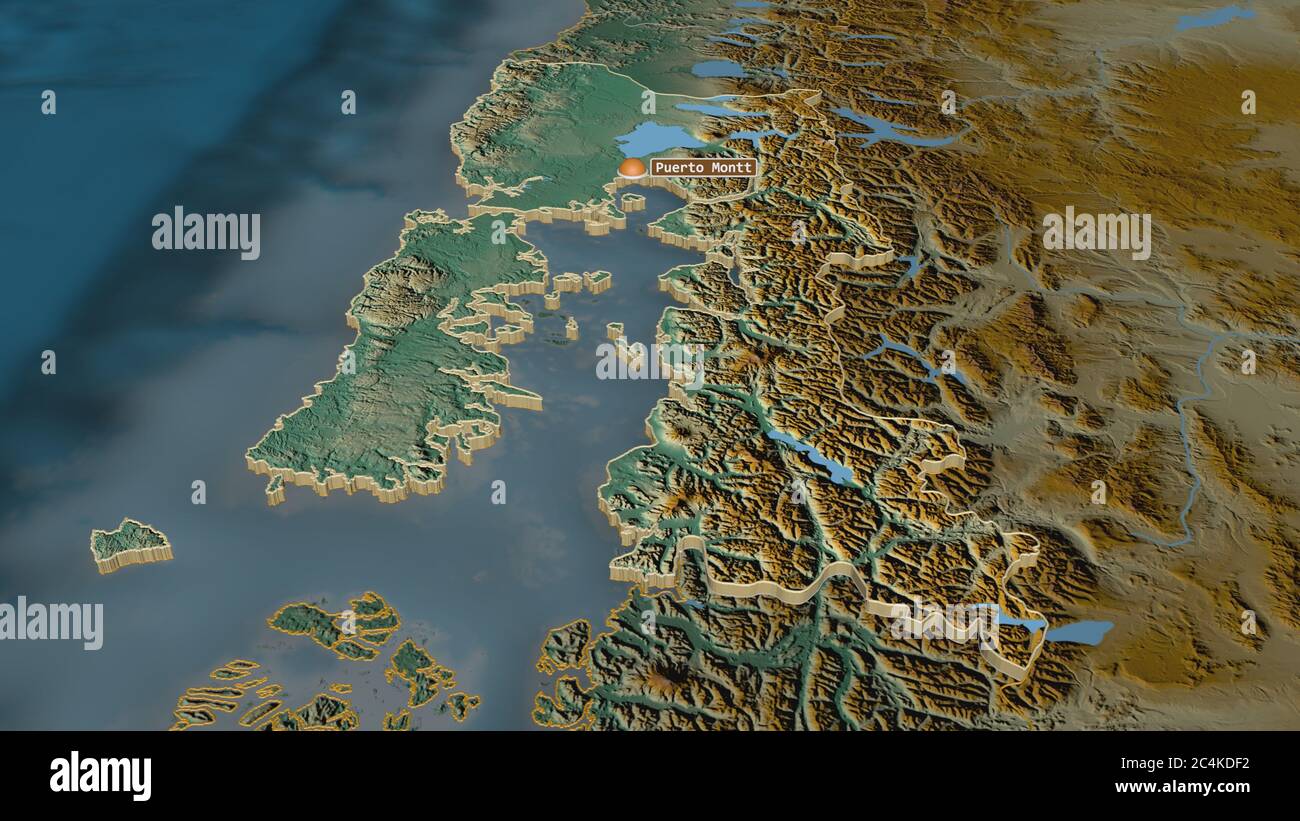 Zoom in on Los Lagos (region of Chile) extruded. Oblique perspective ...