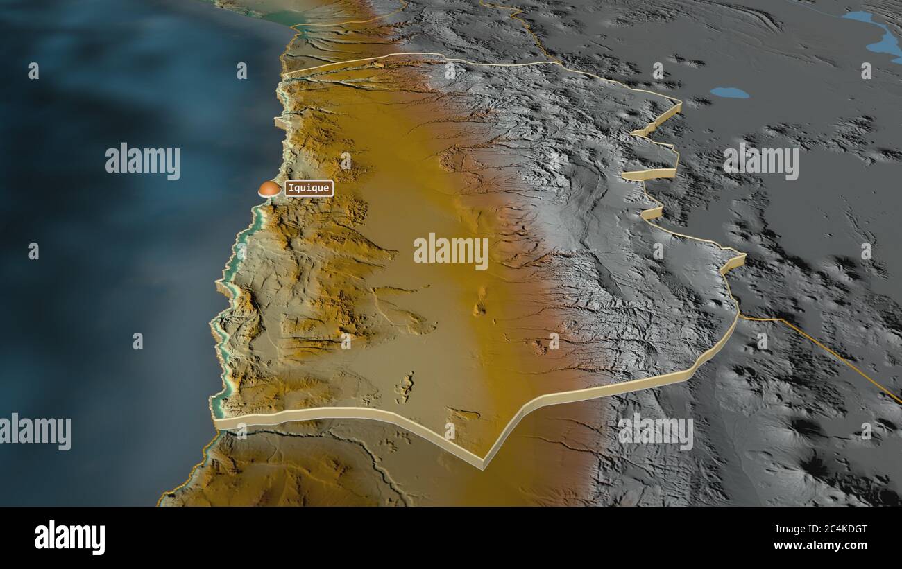 Zoom in on Tarapacá (region of Chile) extruded. Oblique perspective ...