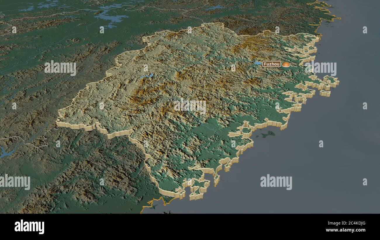 Zoom in on Fujian (province of China) extruded. Oblique perspective ...