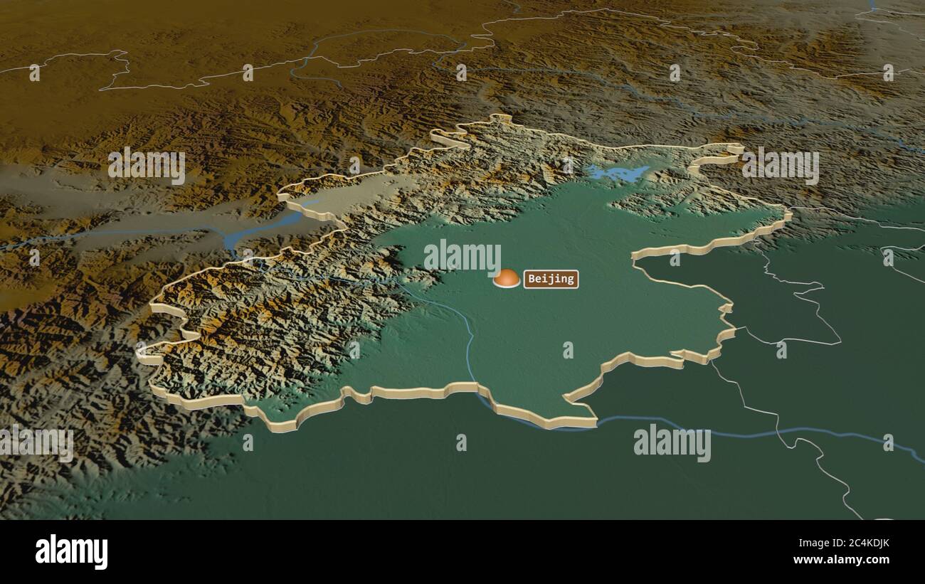 Zoom in on Beijing (municipality of China) extruded. Oblique ...