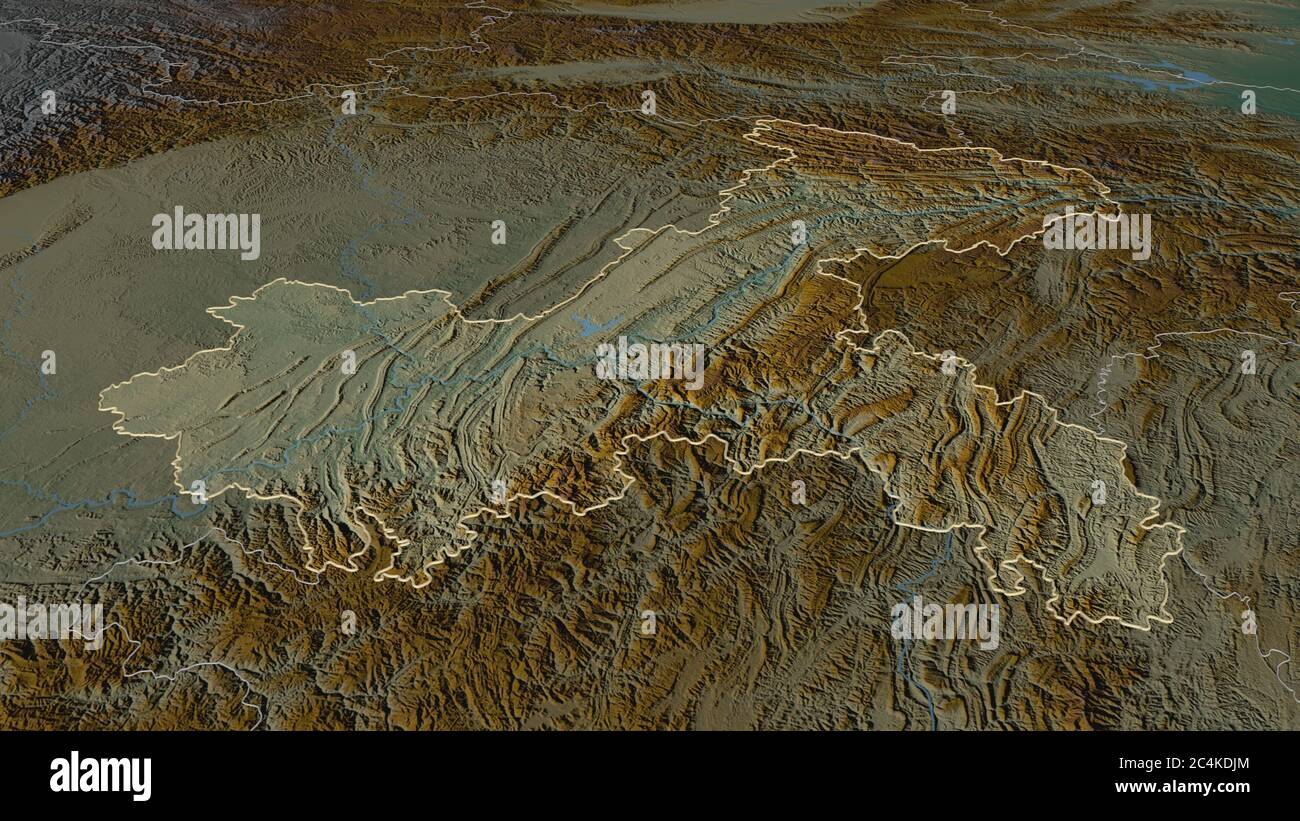 Zoom in on Chongqing (municipality of China) outlined. Oblique ...