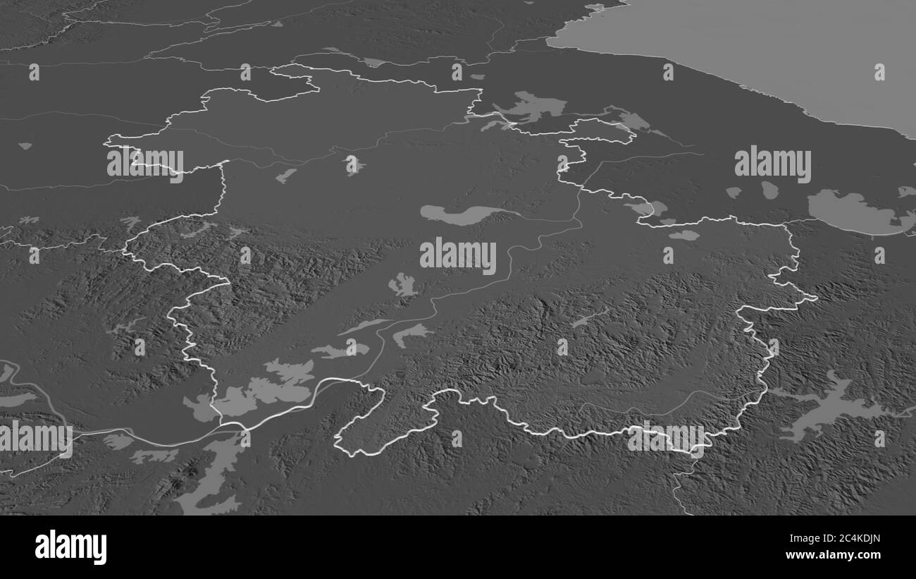Zoom in on Anhui (province of China) outlined. Oblique perspective ...
