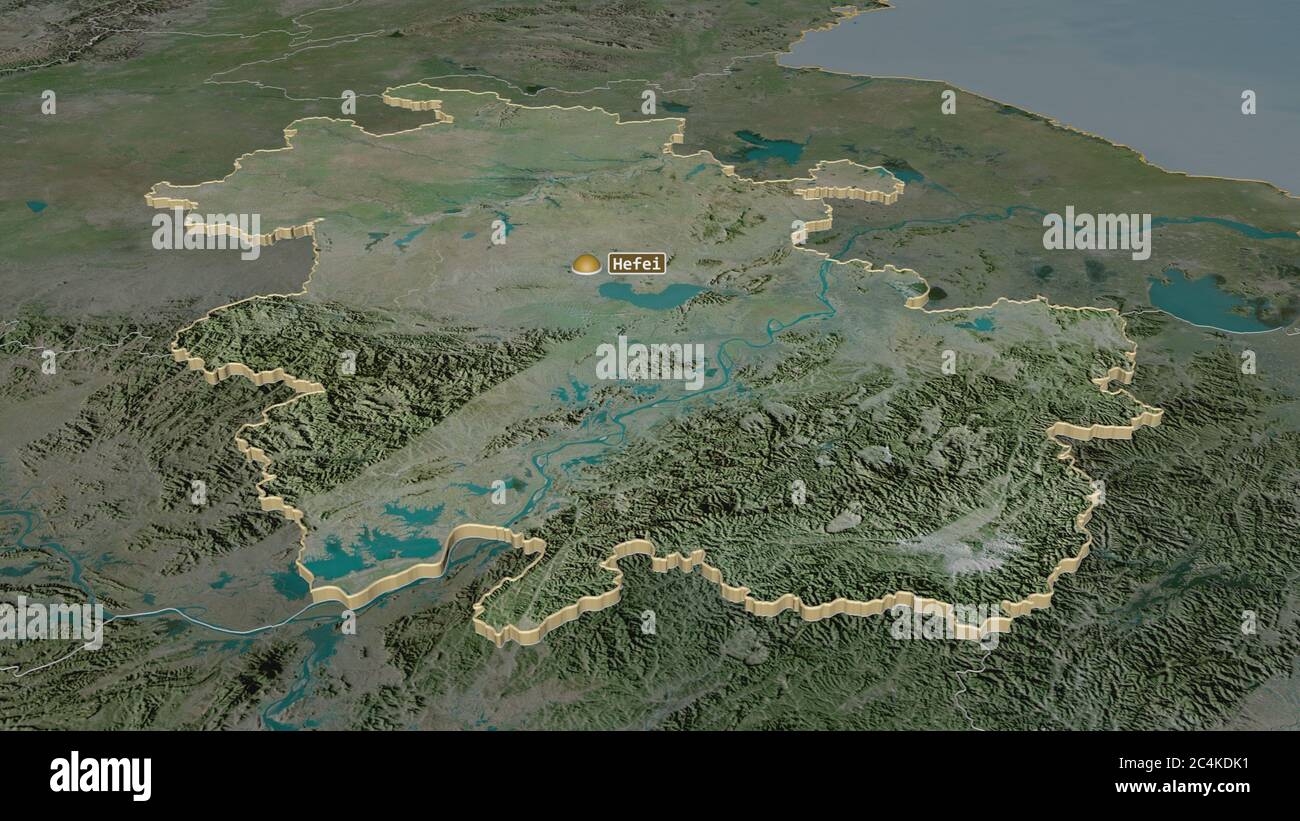 Zoom in on Anhui (province of China) extruded. Oblique perspective ...