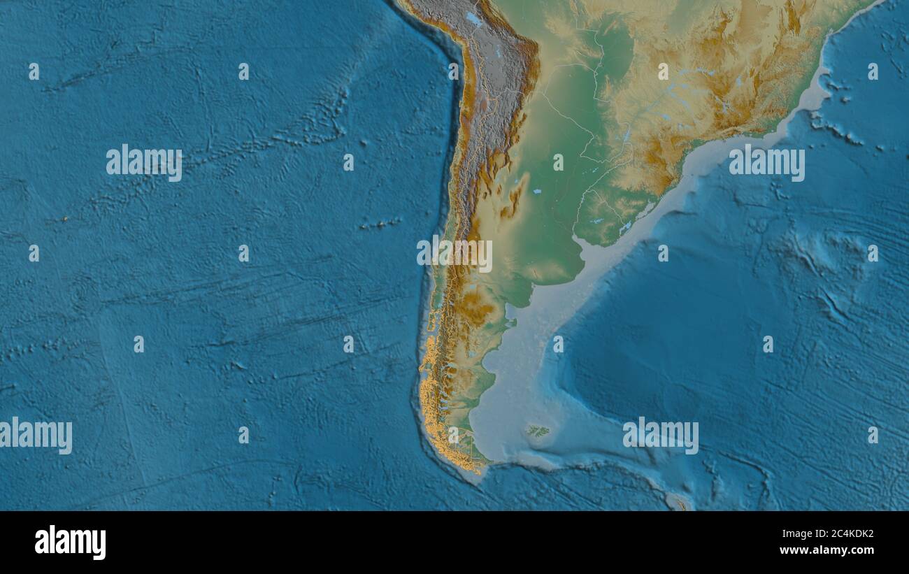 Outlined shape of the Chile area. Topographic relief map with surface ...