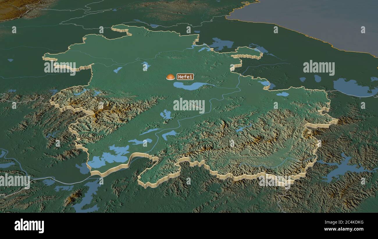 Zoom in on Anhui (province of China) extruded. Oblique perspective ...