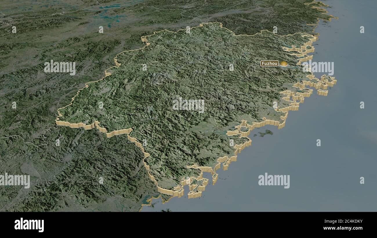 Zoom in on Fujian (province of China) extruded. Oblique perspective ...