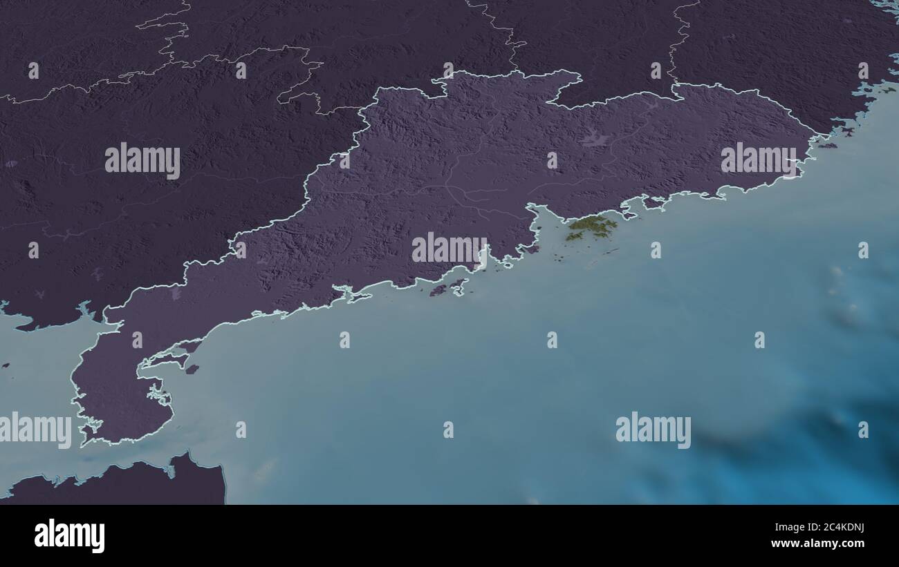 Zoom in on Guangdong (province of China) outlined. Oblique perspective ...