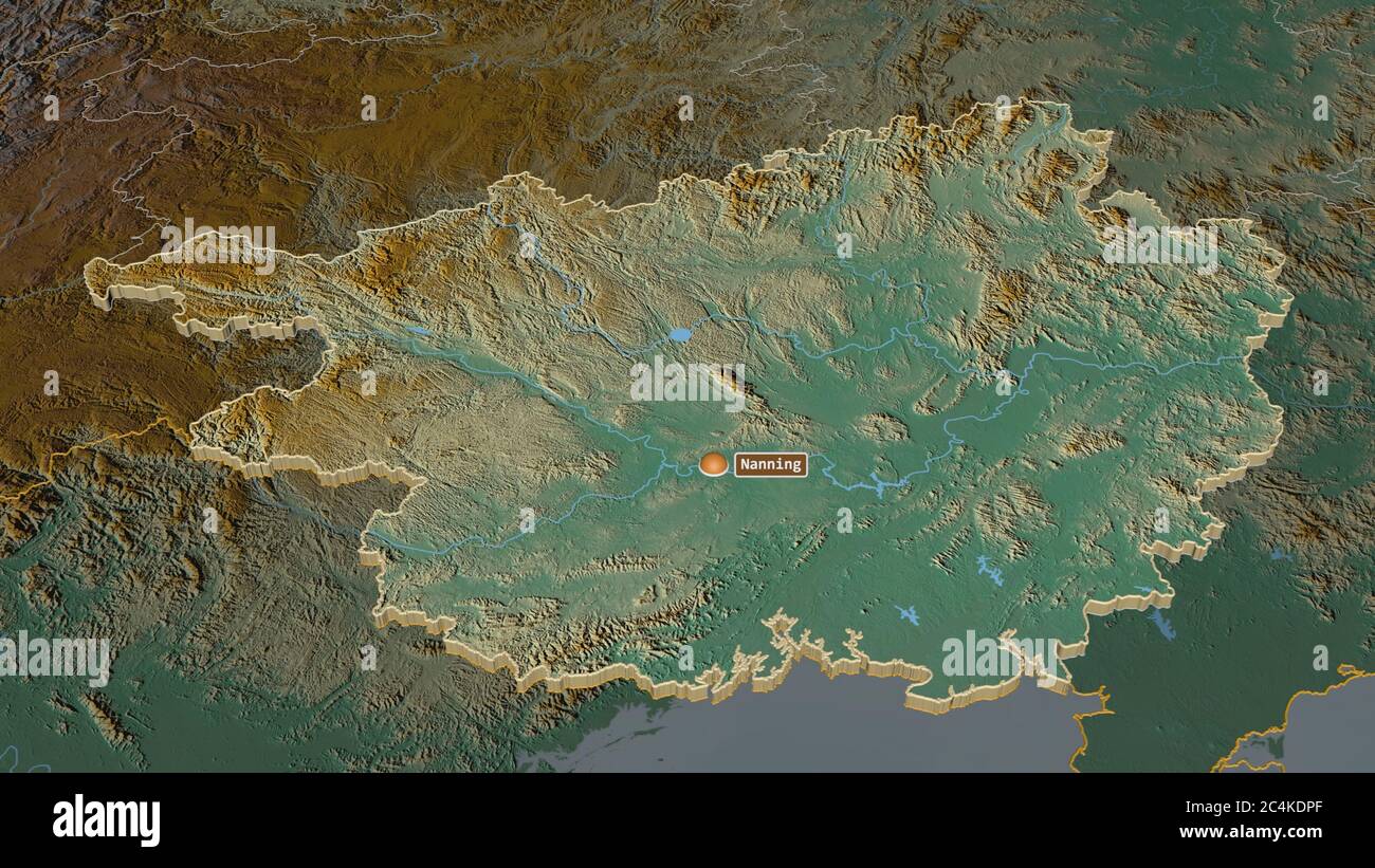 Zoom in on Guangxi (autonomous region of China) extruded. Oblique ...