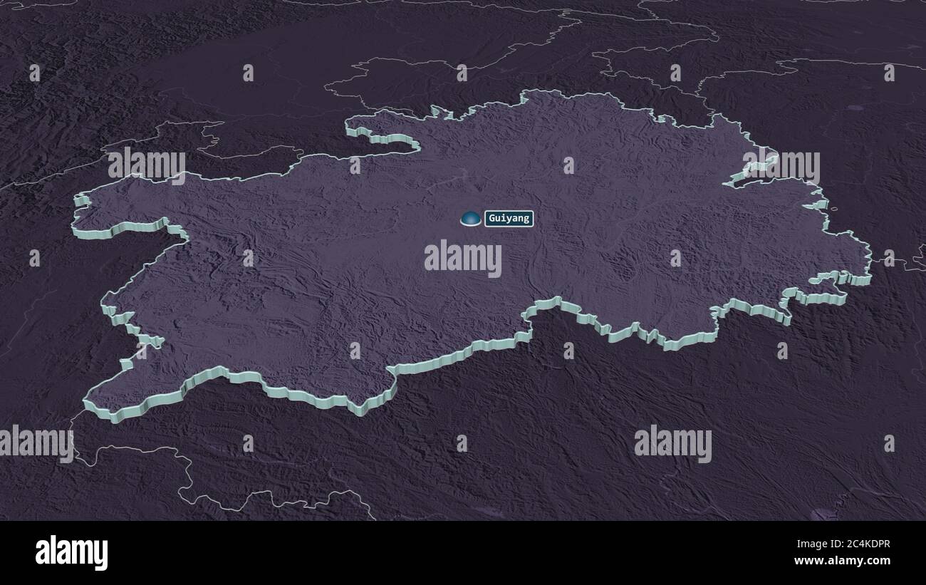 Zoom in on Guizhou (province of China) extruded. Oblique perspective ...