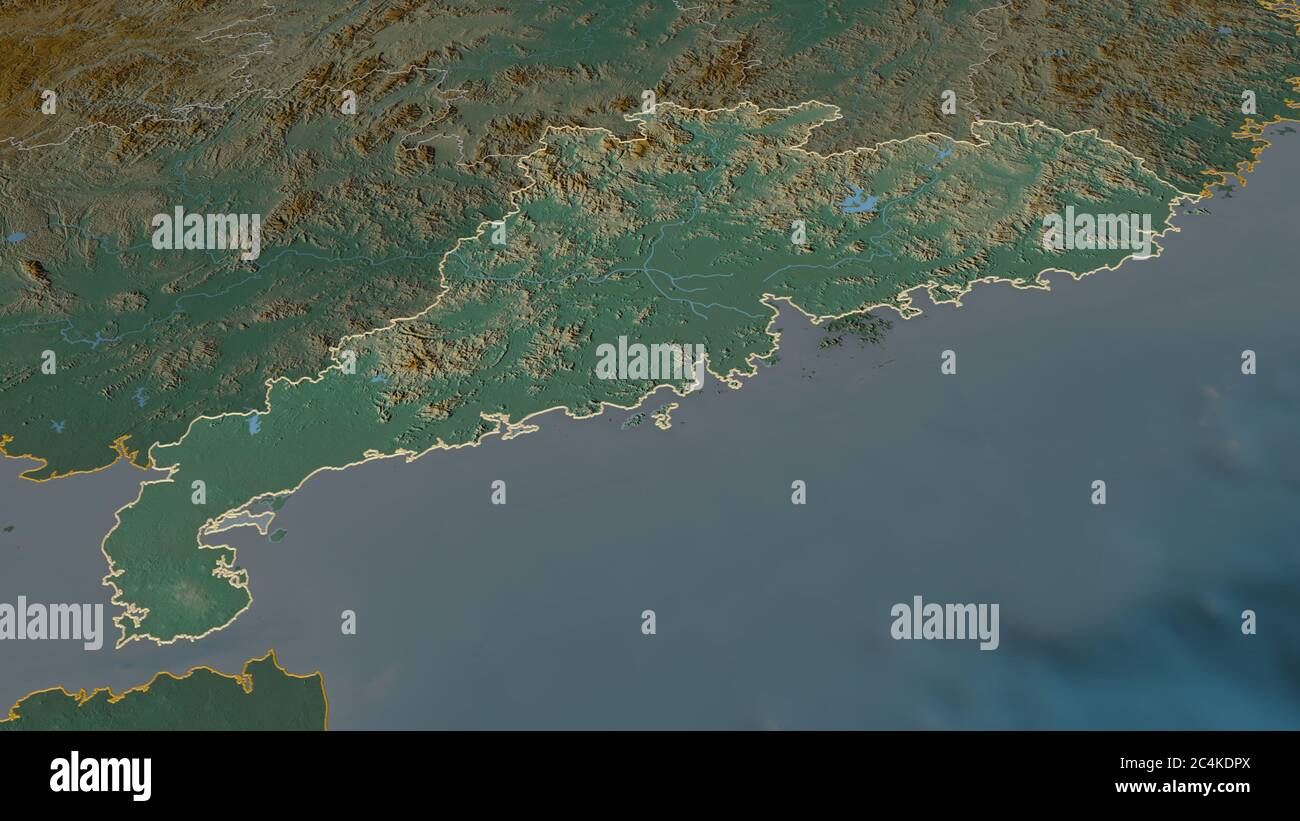 Zoom in on Guangdong (province of China) outlined. Oblique perspective ...