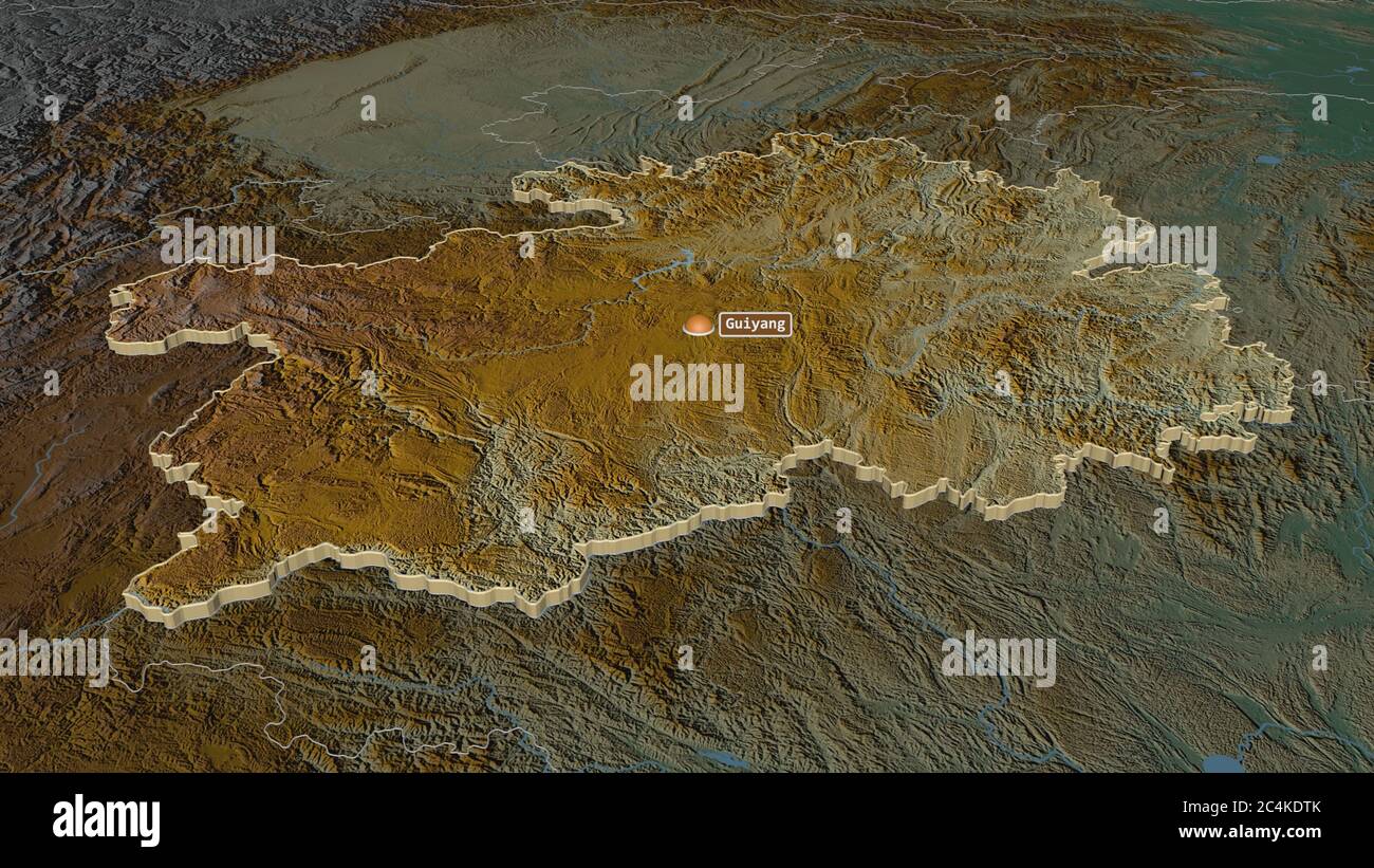 Zoom in on Guizhou (province of China) extruded. Oblique perspective ...