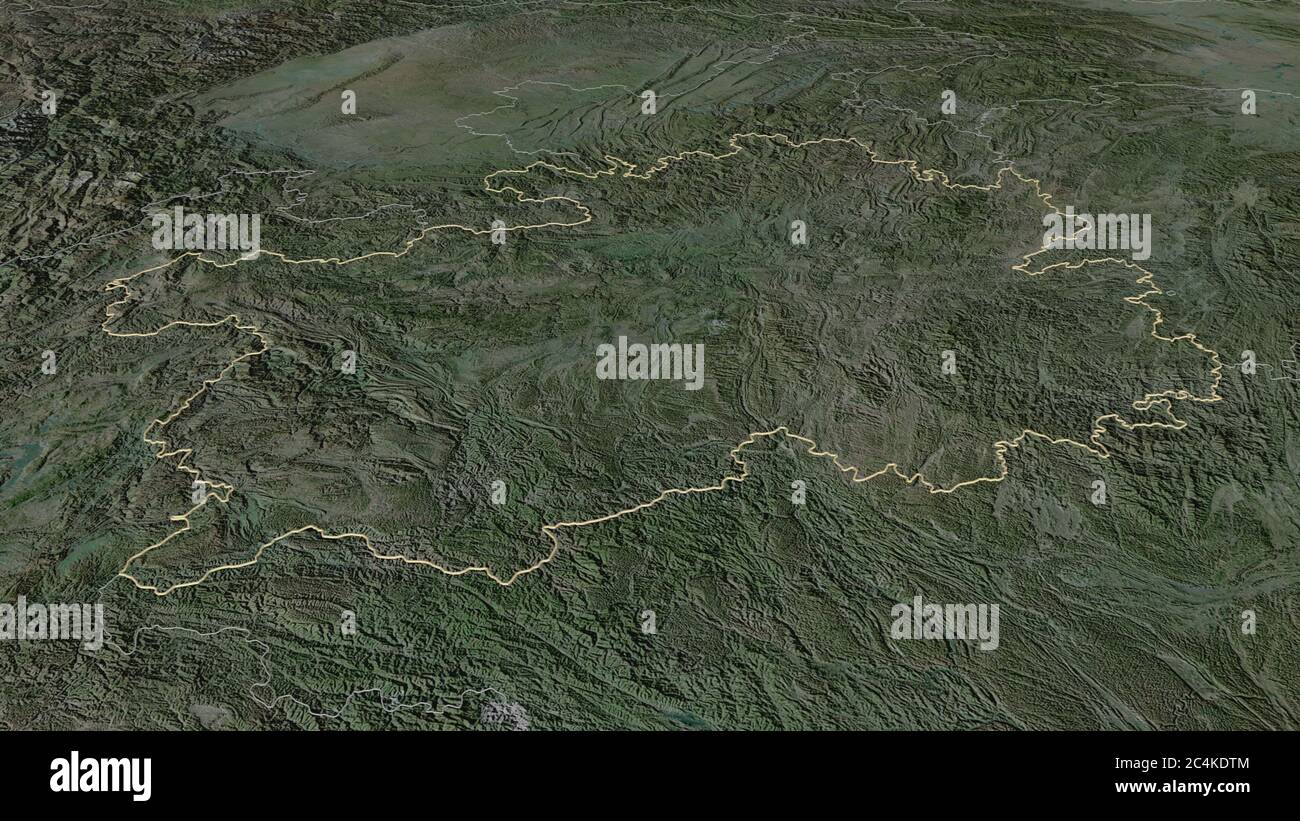 Zoom in on Guizhou (province of China) outlined. Oblique perspective ...