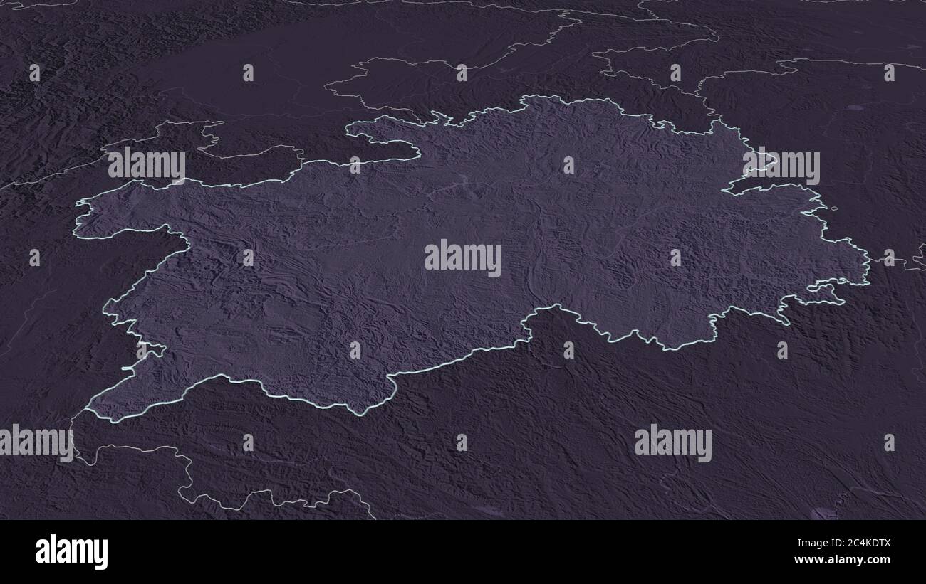Zoom in on Guizhou (province of China) outlined. Oblique perspective ...