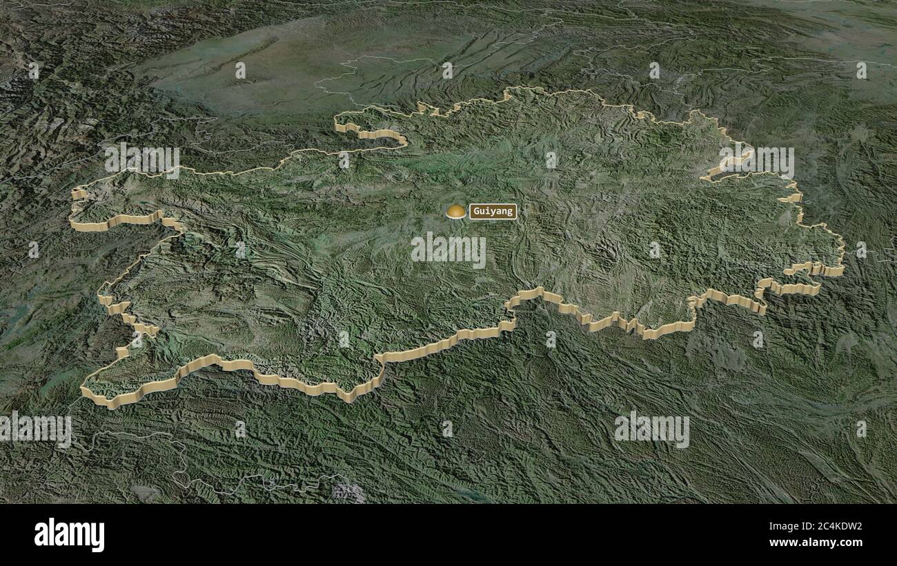 Zoom in on Guizhou (province of China) extruded. Oblique perspective ...