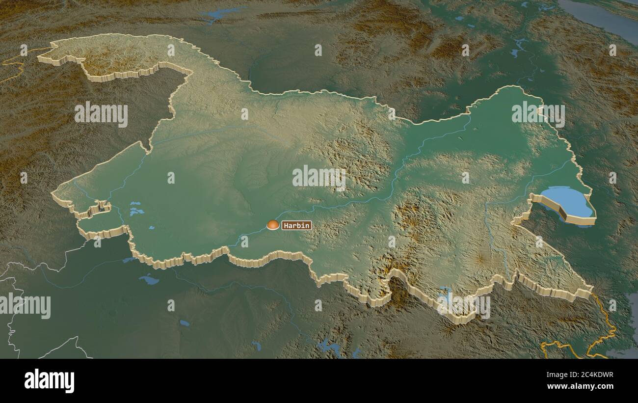Zoom in on Heilongjiang (province of China) extruded. Oblique ...