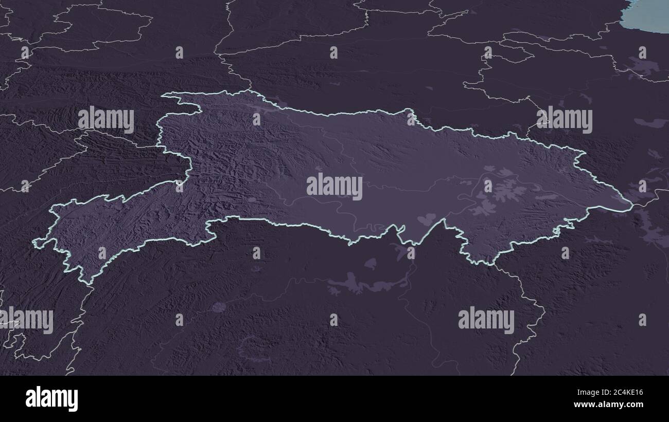 Zoom in on Hubei (province of China) outlined. Oblique perspective ...
