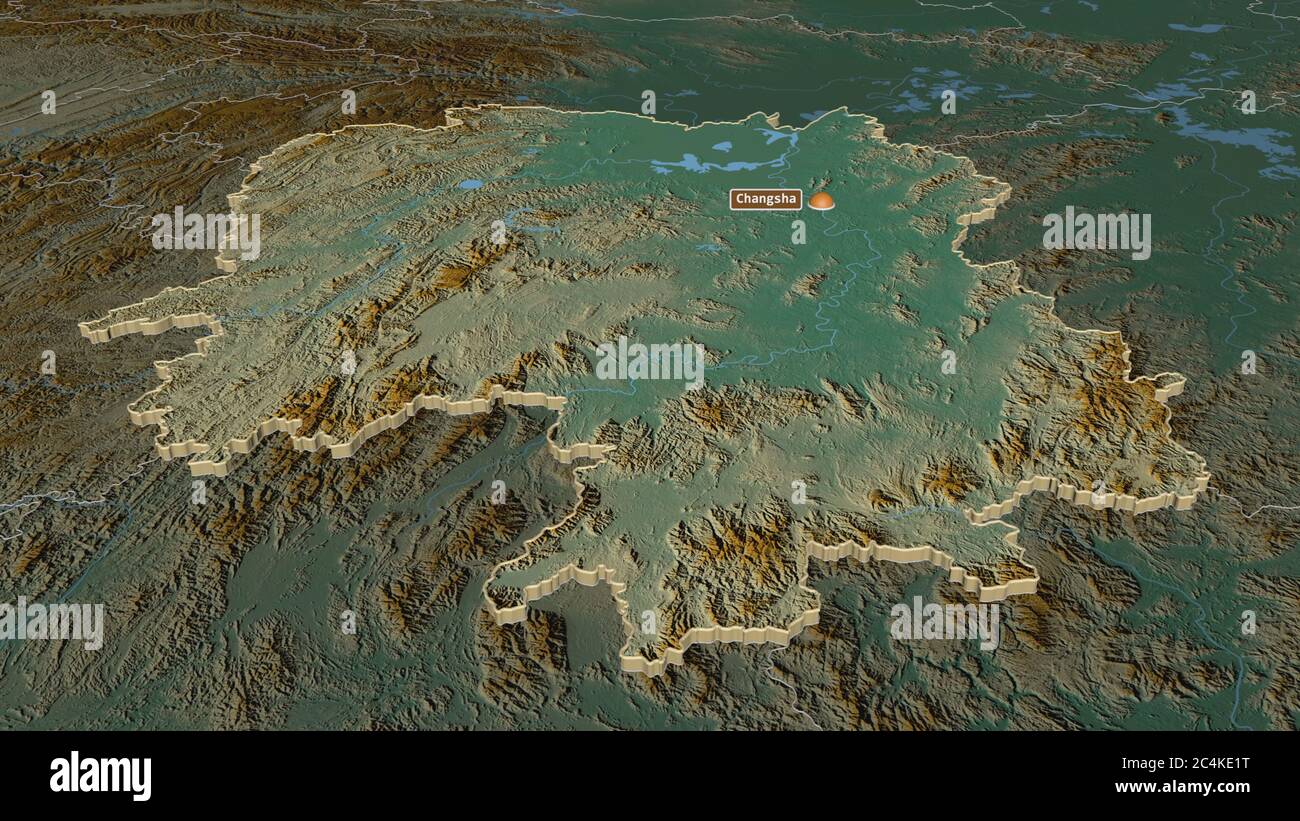 Zoom in on Hunan (province of China) extruded. Oblique perspective ...