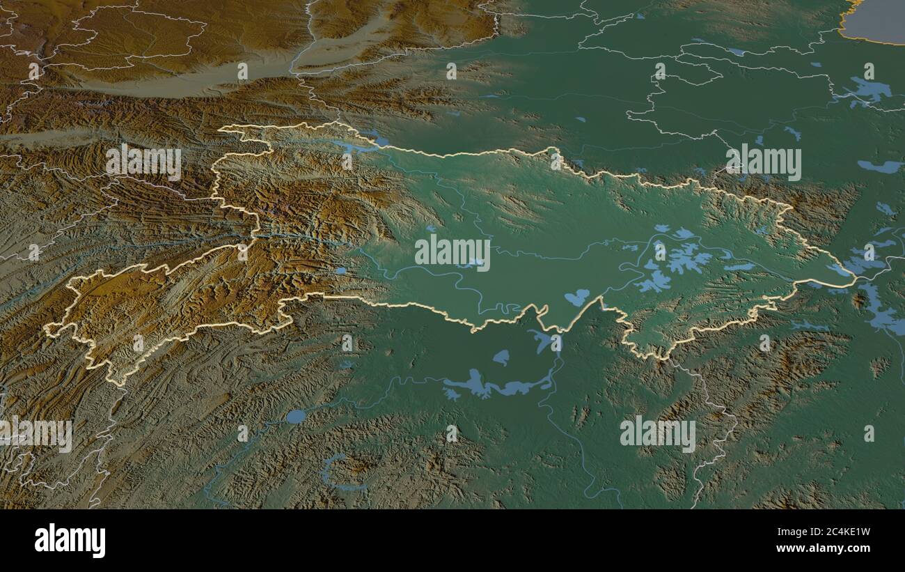 Zoom in on Hubei (province of China) outlined. Oblique perspective ...