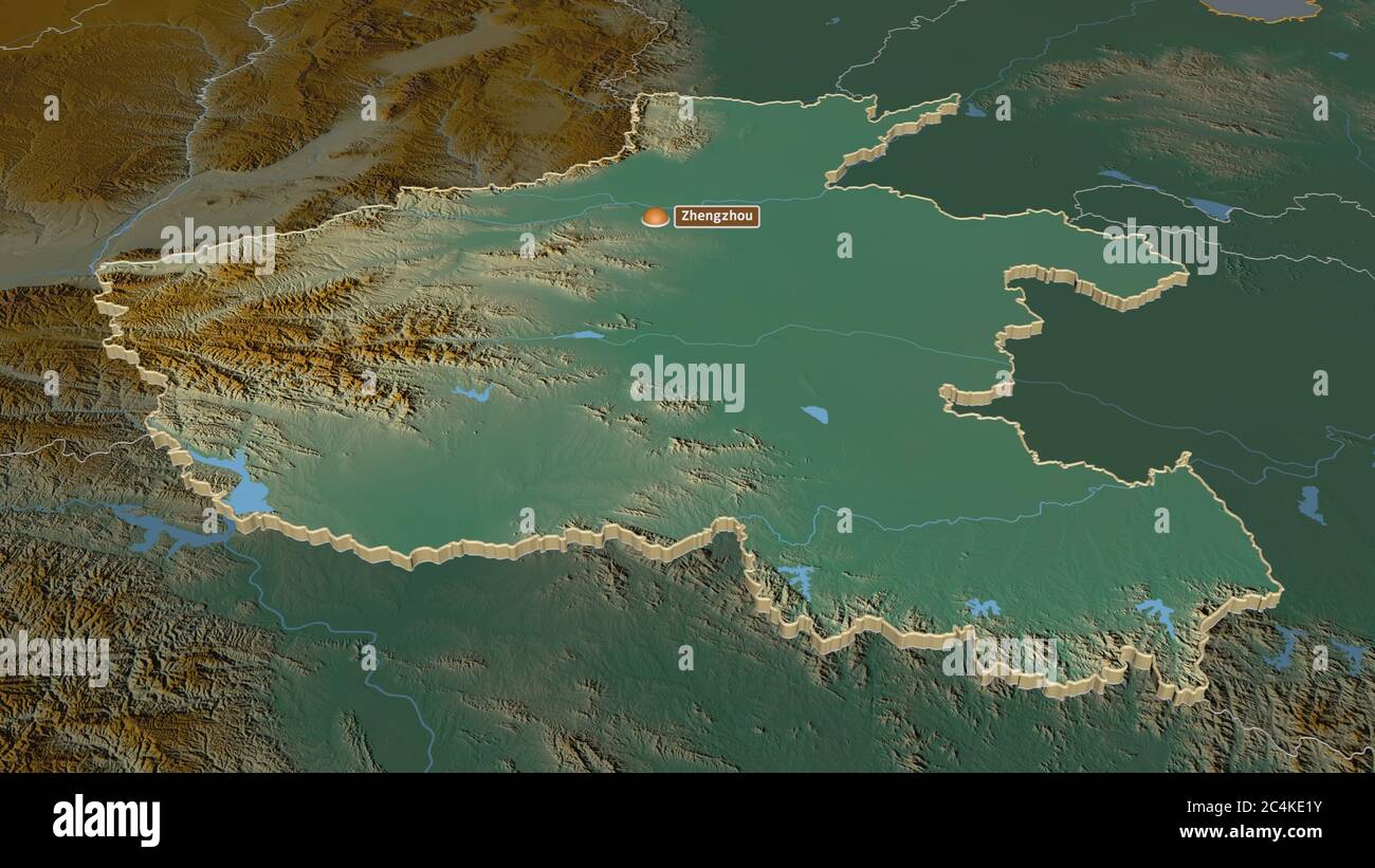 Zoom in on Henan (province of China) extruded. Oblique perspective ...