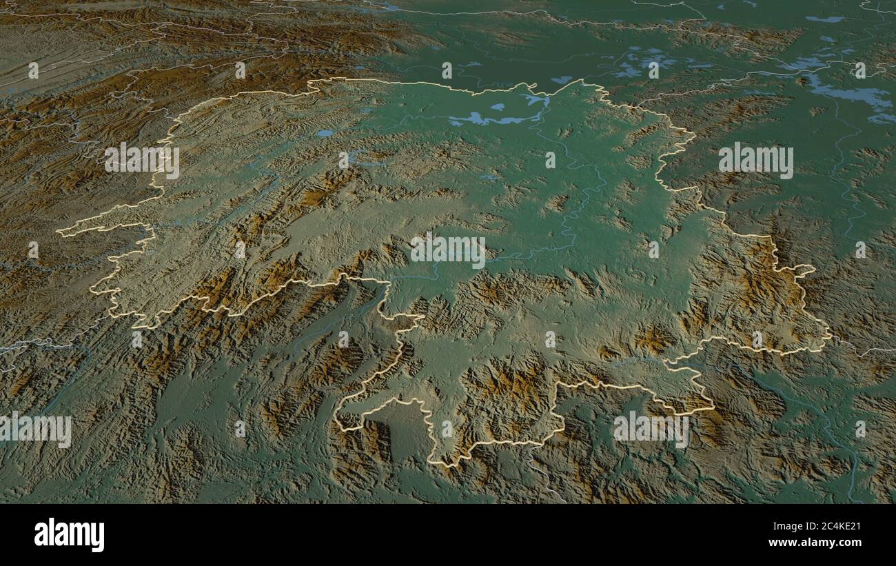 Zoom in on Hunan (province of China) outlined. Oblique perspective ...