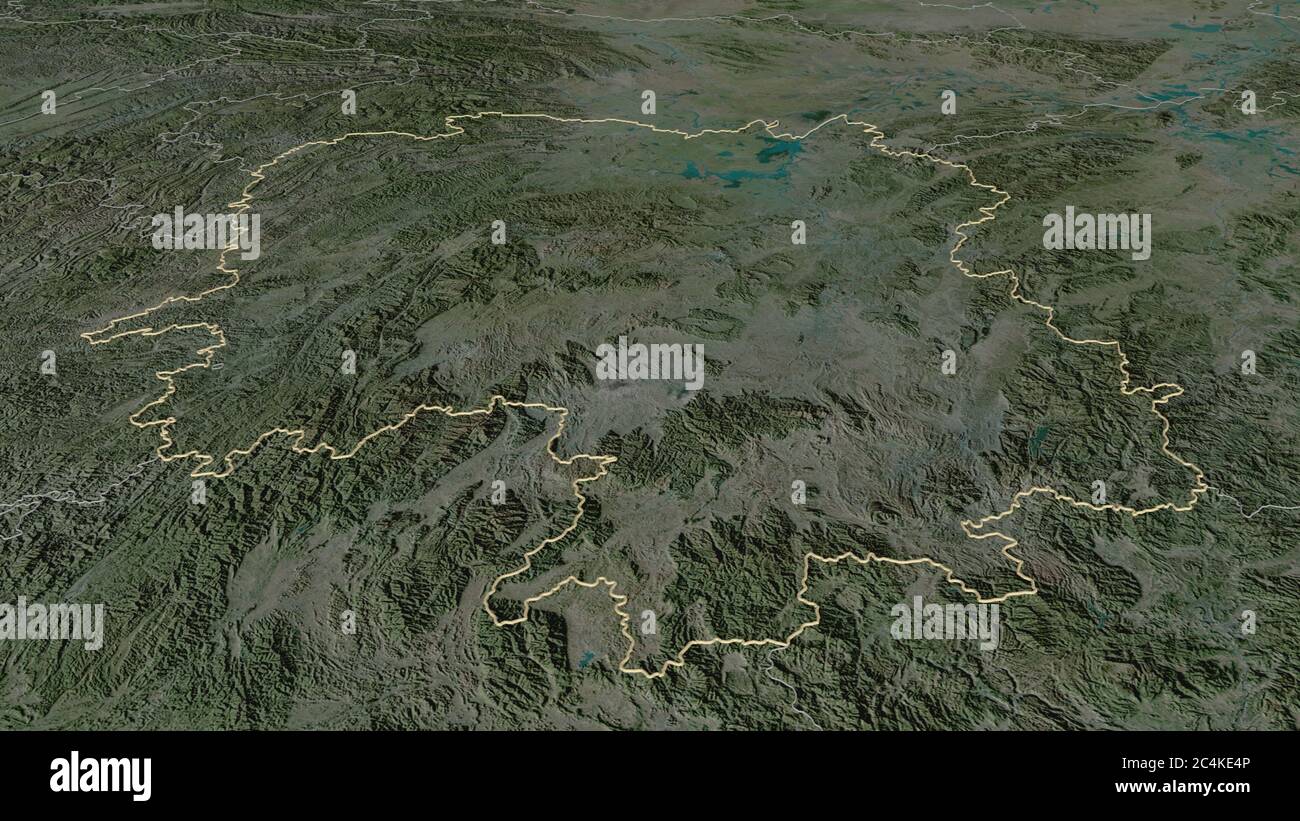 Zoom in on Hunan (province of China) outlined. Oblique perspective ...