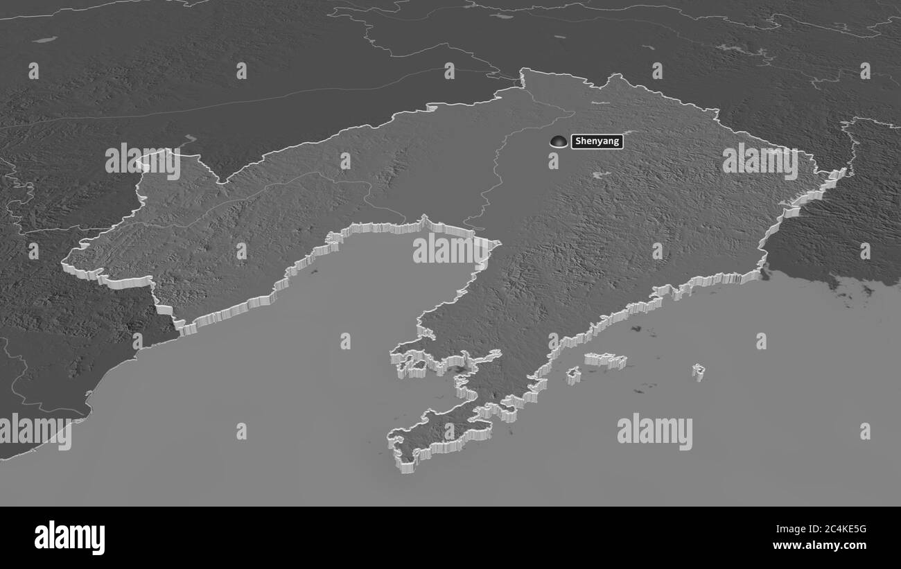 Zoom in on Liaoning (province of China) extruded. Oblique perspective ...