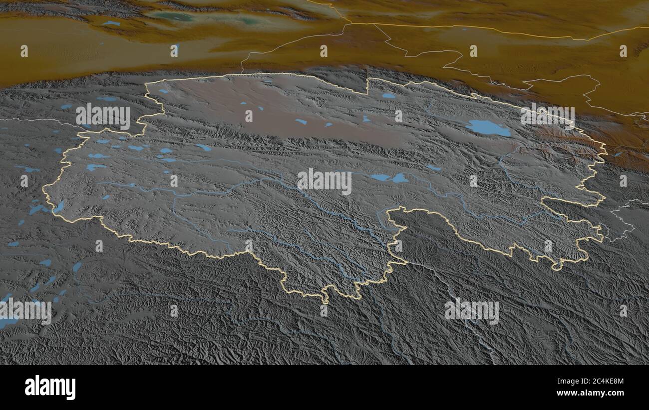 Zoom in on Qinghai (province of China) outlined. Oblique perspective ...