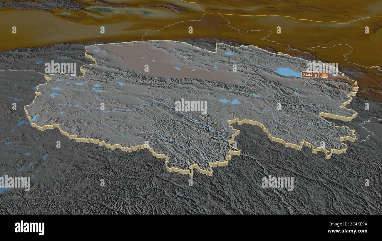 Zoom in on Qinghai (province of China) extruded. Oblique perspective ...