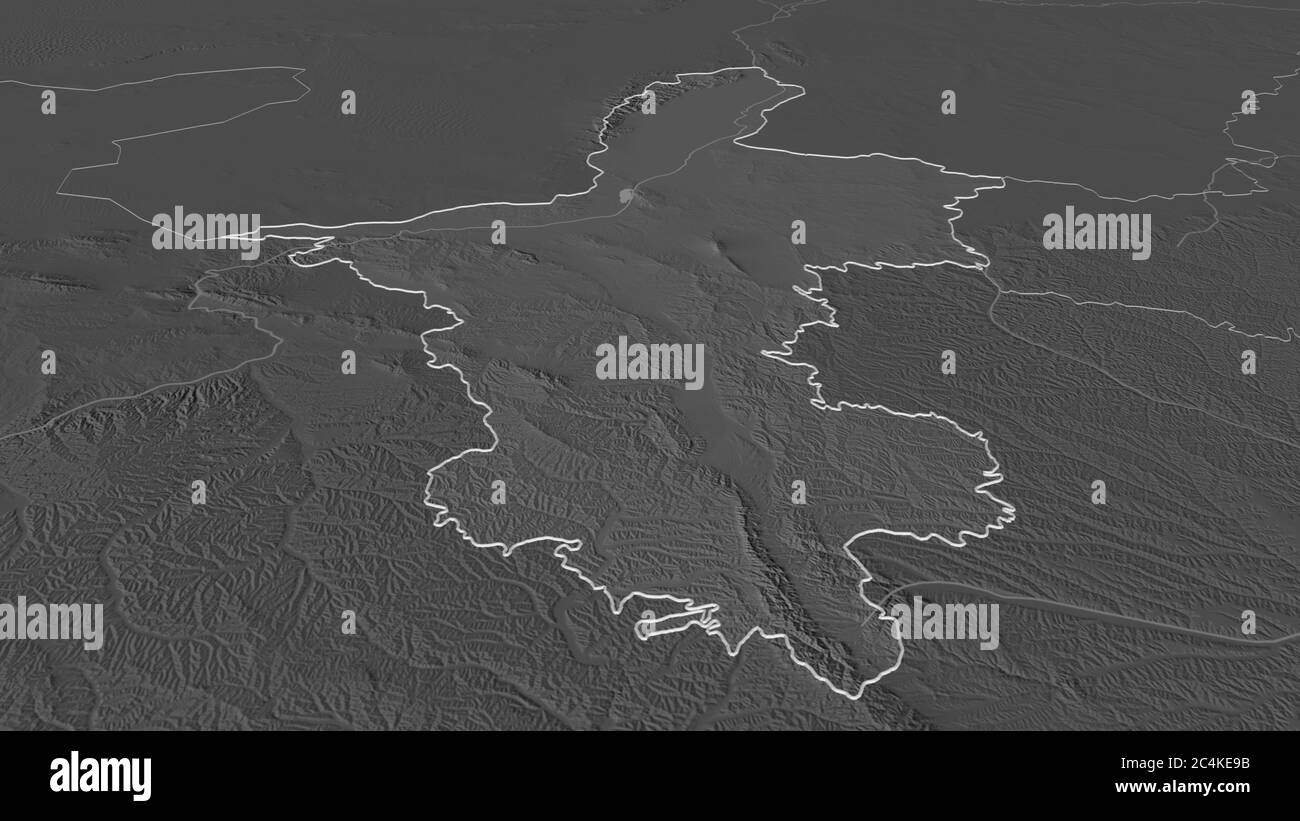 Zoom in on Ningxia Hui (autonomous region of China) outlined. Oblique ...