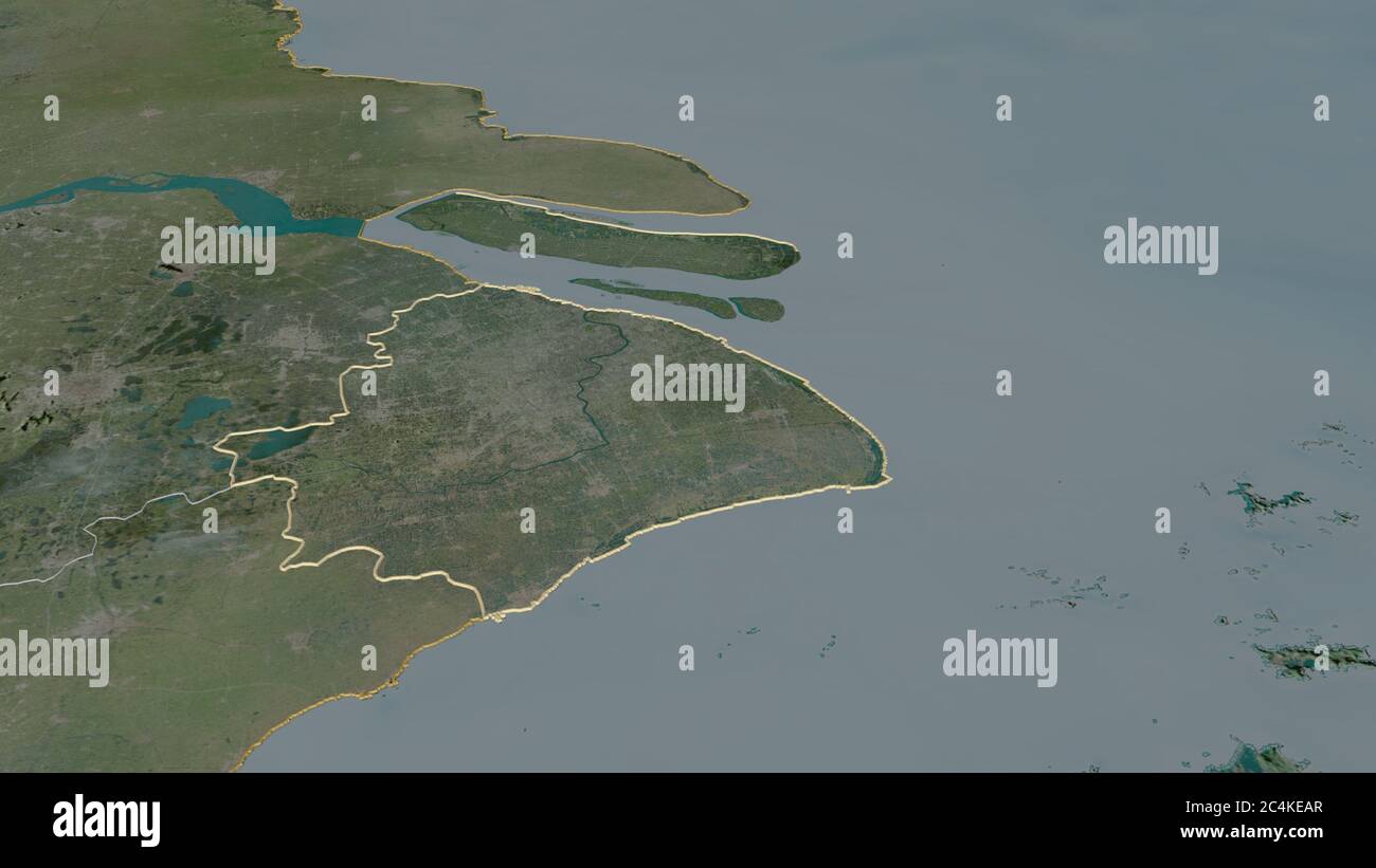 Zoom in on Shanghai (municipality of China) outlined. Oblique ...