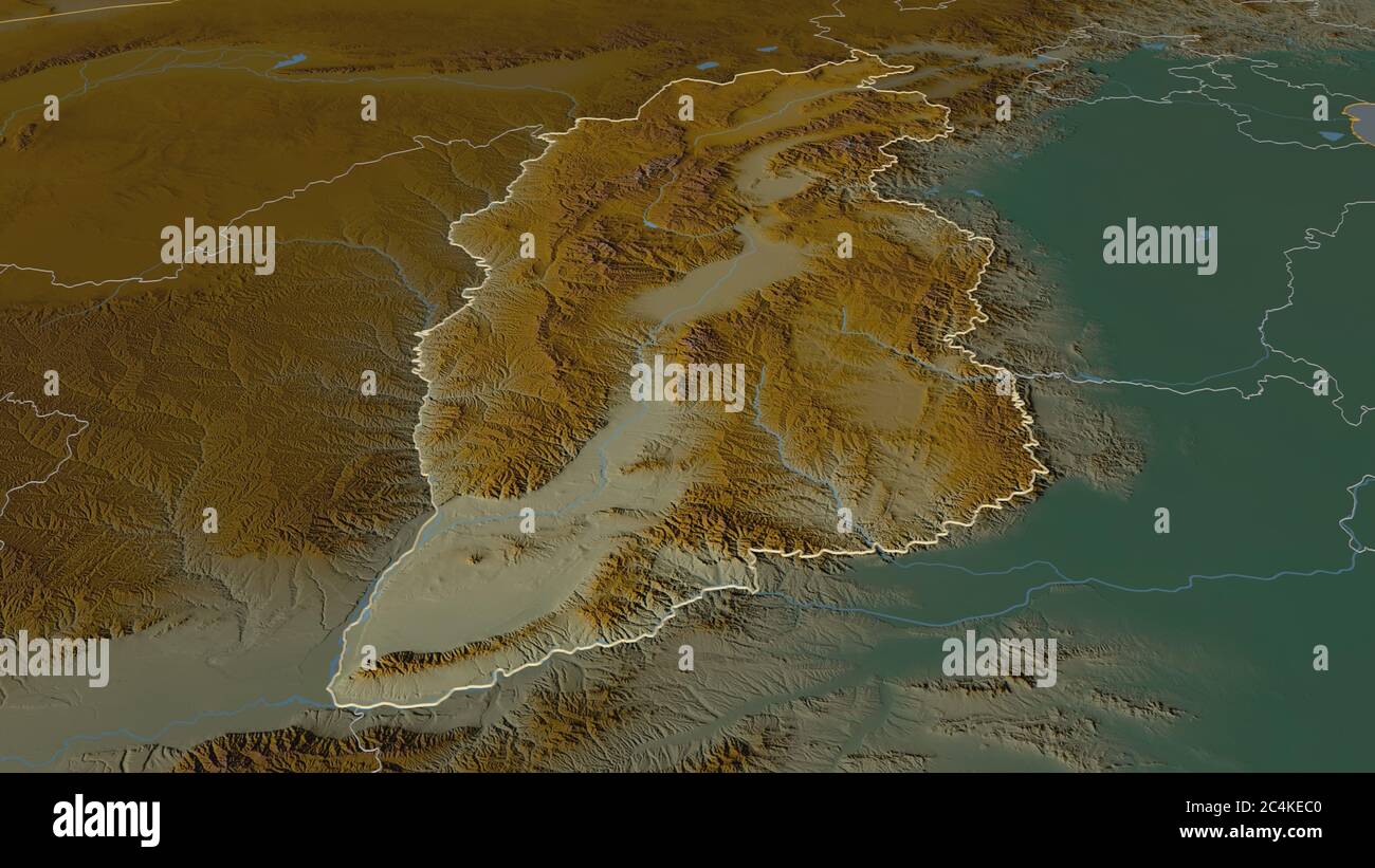 Zoom in on Shanxi (province of China) outlined. Oblique perspective ...