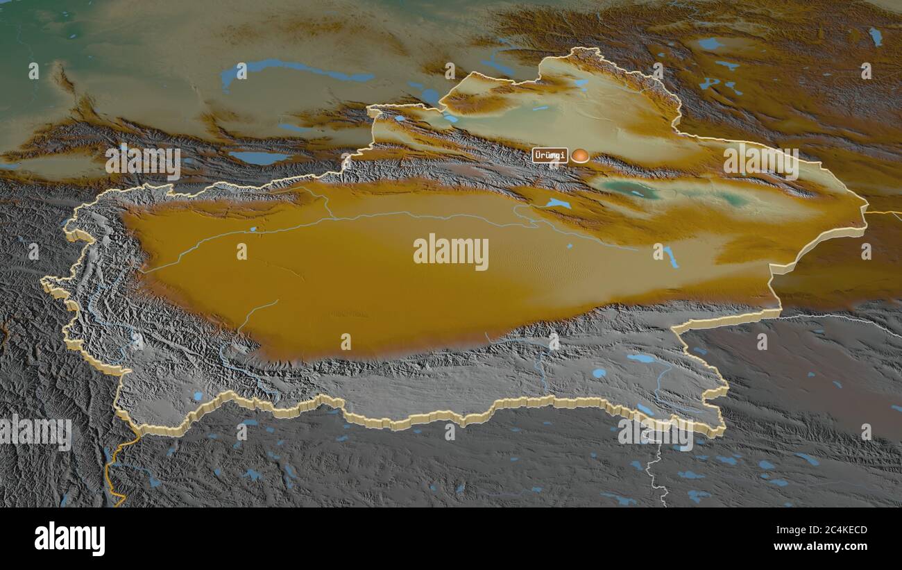 Zoom in on Xinjiang Uygur (autonomous region of China) extruded ...