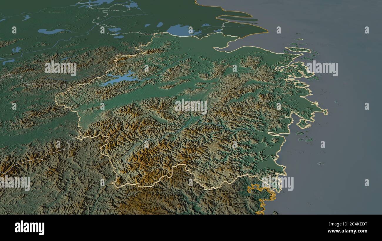 Zoom in on Zhejiang (province of China) outlined. Oblique perspective ...