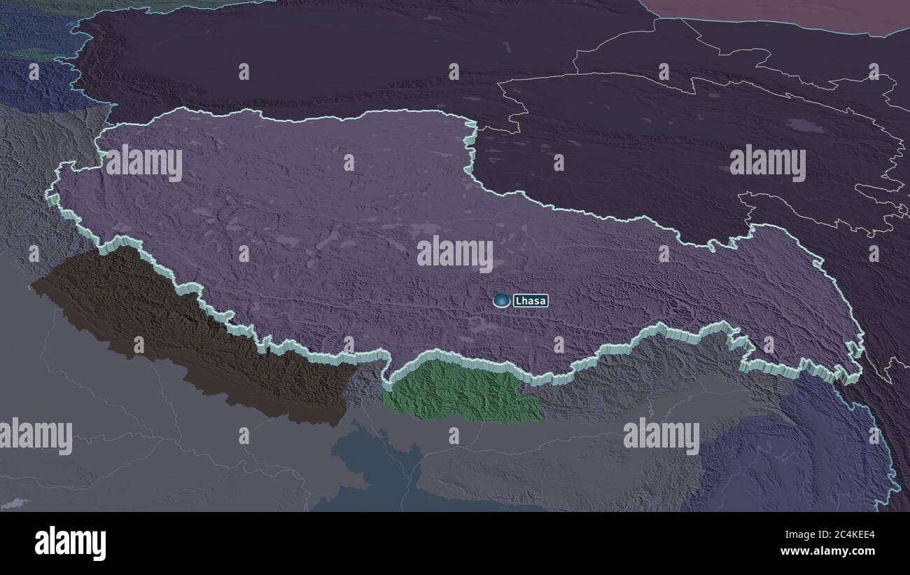 Zoom in on Xizang (autonomous region of China) extruded. Oblique ...