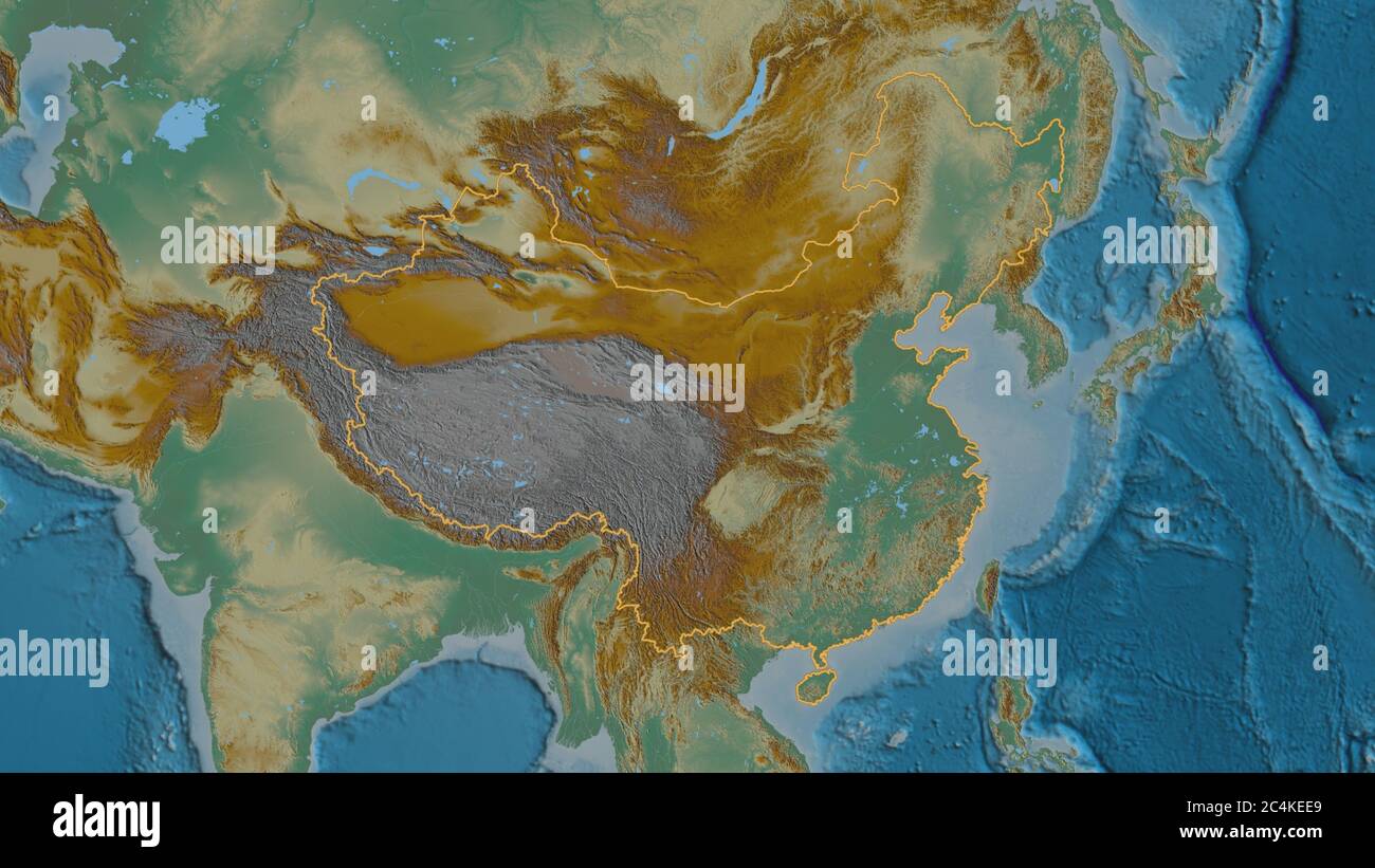 Outlined shape of the China area. Topographic relief map with surface ...