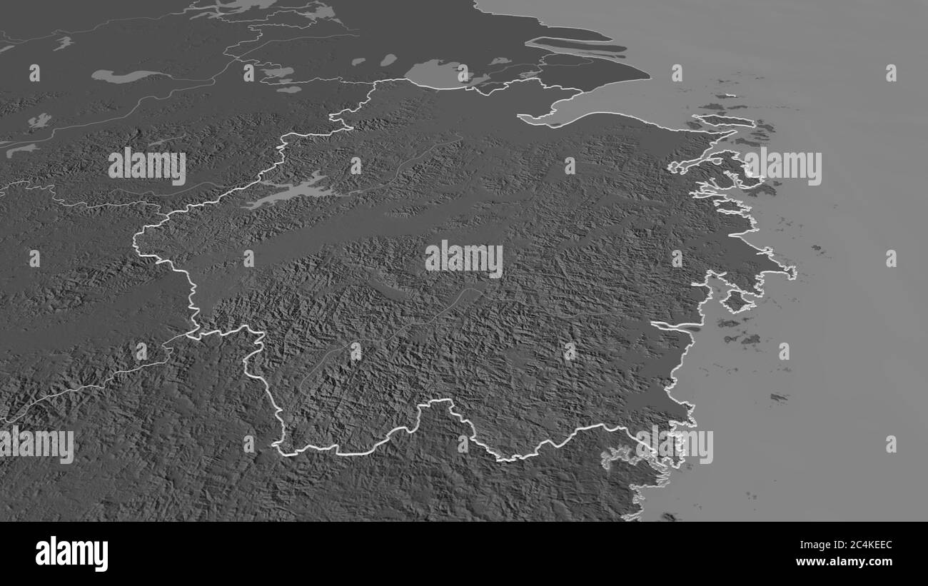 Zoom in on Zhejiang (province of China) outlined. Oblique perspective ...
