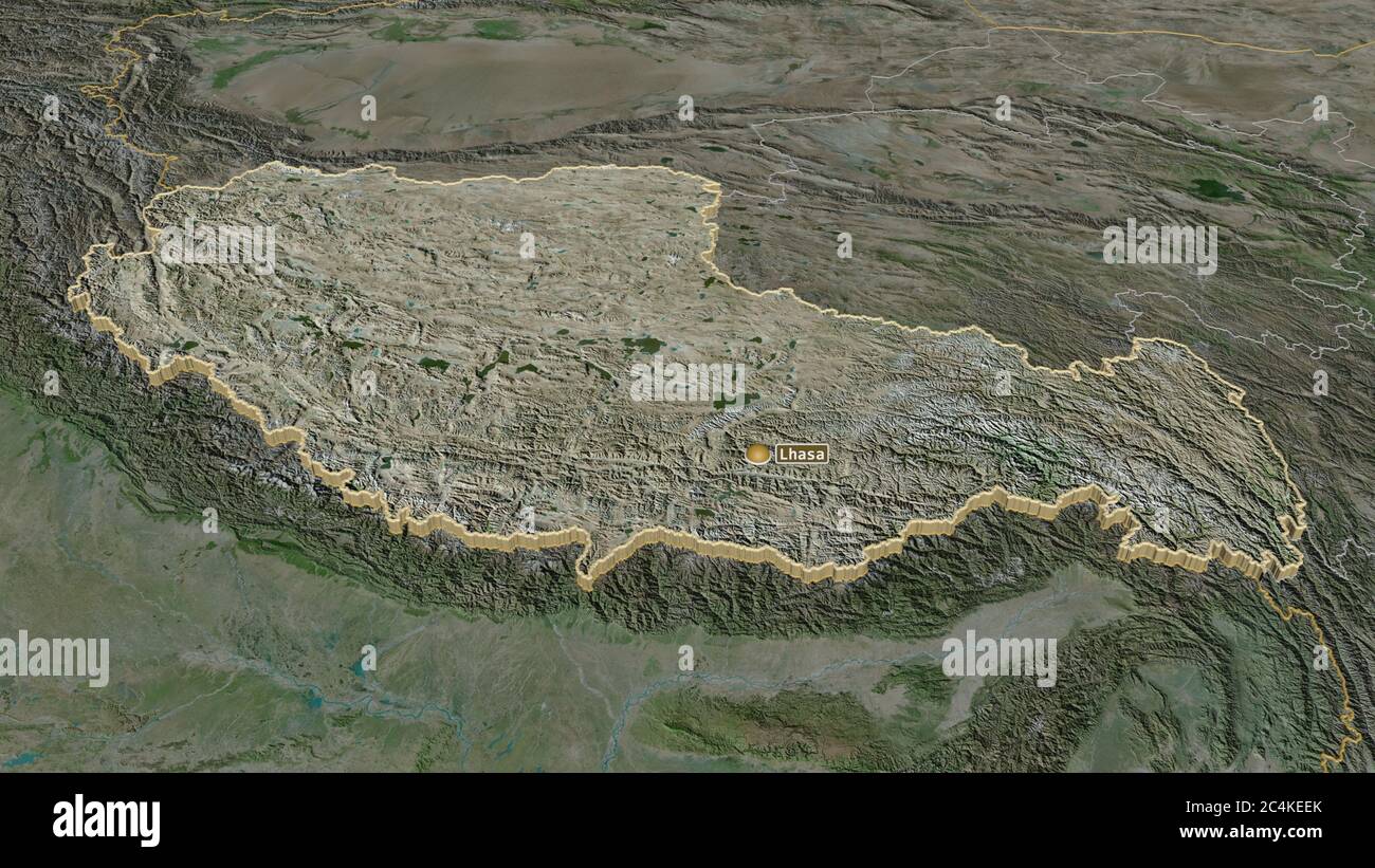Zoom in on Xizang (autonomous region of China) extruded. Oblique ...