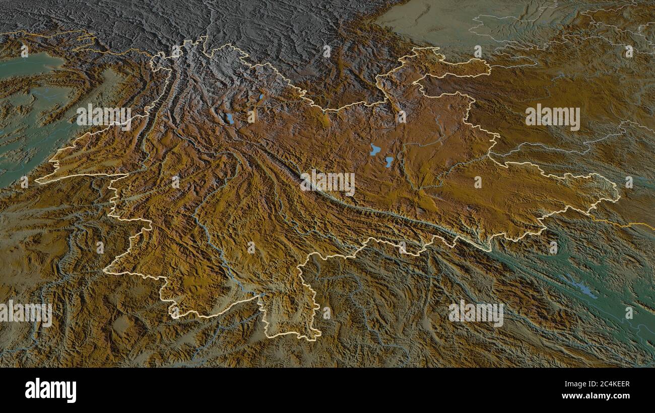 Zoom in on Yunnan (province of China) outlined. Oblique perspective ...